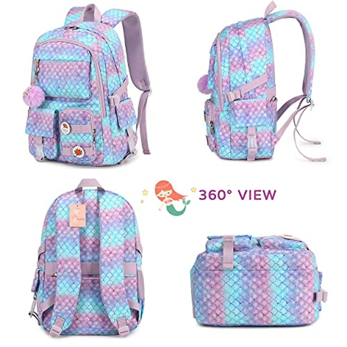 KIDNUO Girls Backpack,15.6 Inch Laptop School Bag Large Primary Elementary Middle College Bookbags Kids Backpacks for Teens Girls Women Students Anti Theft Travel Daypack (Purple)