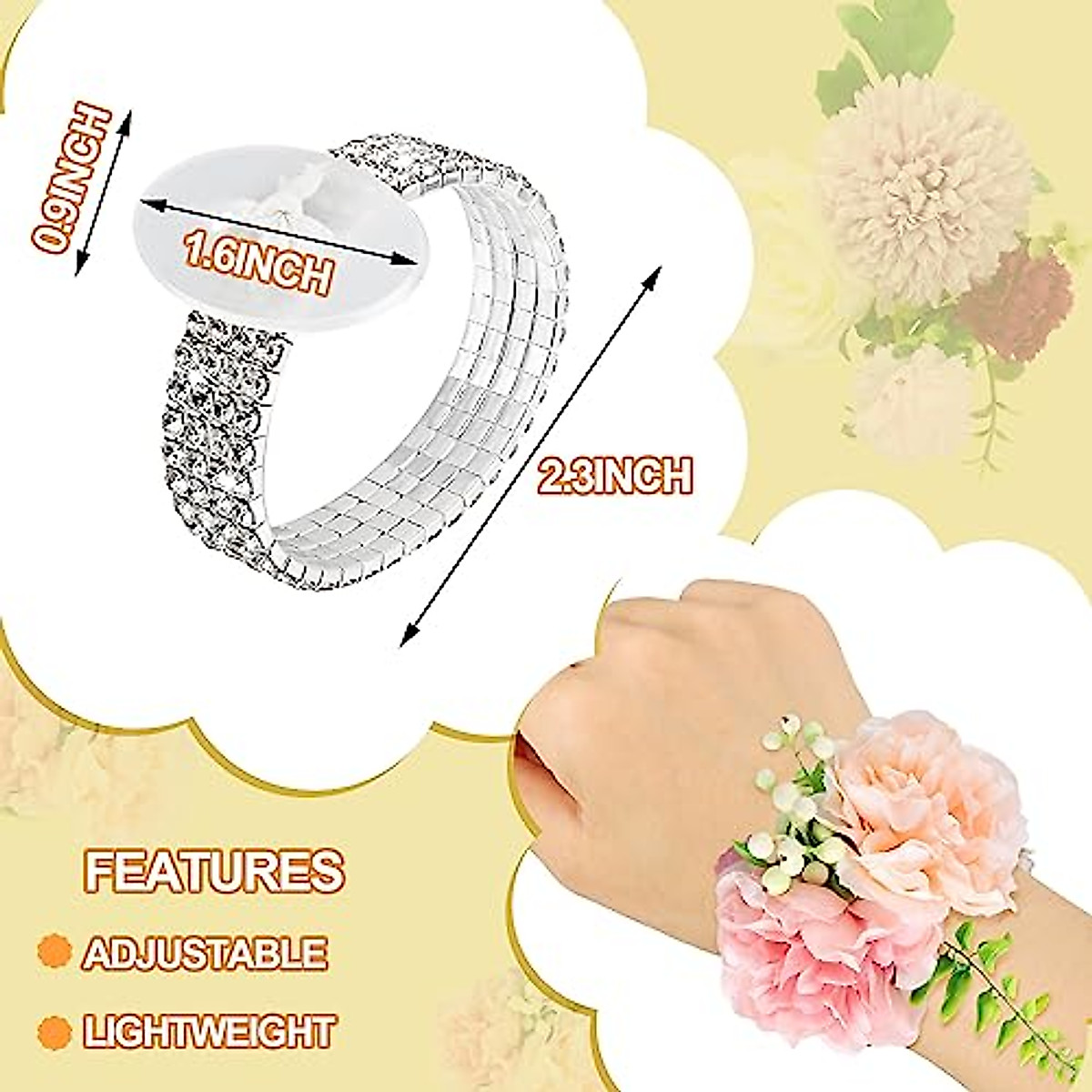 Bonuci 4 Pieces Corsage Wristlet Bands Rhinestone Bracelet Wristlets Stretch DIY Wedding Wristband Corsage Accessories Bracelets for Wedding Party Prom Bride Shower Party Anniversary