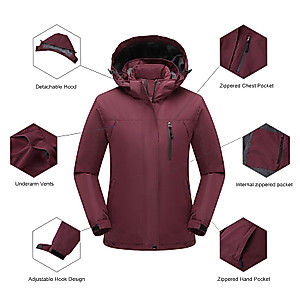 PTSOC Women's 3 in 1 Waterproof Ski Jacket Warm Winter Snow Coat Windproof Hooded Snowboarding Raincoat Wine Red Small