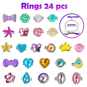WATINC 24Pcs Adjustable Princess Pretend Jewelry Rings, Girl’s Jewelry Dress Up Play Toys, Rhinestone Gift Set in Box for Little Girls, No Duplication Diamond Ring for Children, Party Favors for Kids