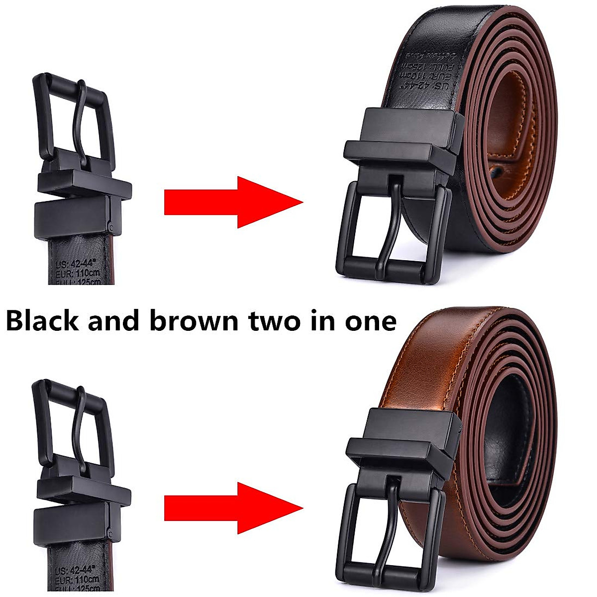 Beltox Men’s Belts Dress Casual Reversible Leather 1.1” w Roller Buckle Rotated(Black/Brown w Black Buckle, 34-36)