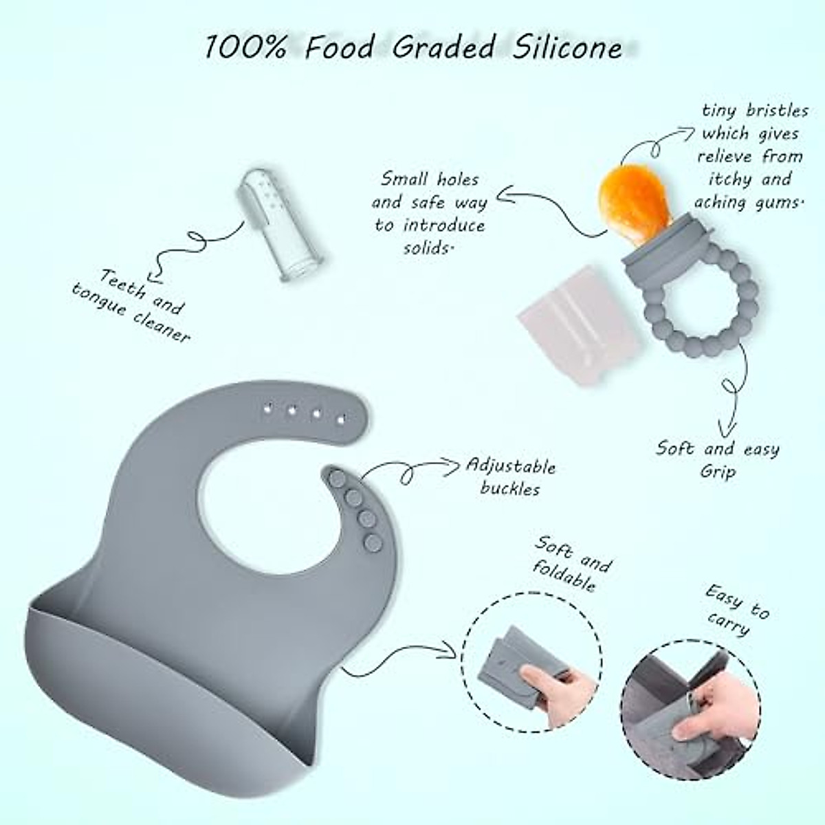 Silicone Baby Feeding Set -16 piece Baby Led Wearing Supplies with Suction plates for toddlers, bowls, Baby Utensils, Snack Cup, Sippy Cups, Toddler Utensils items Gray 6+ Months essentials must have.