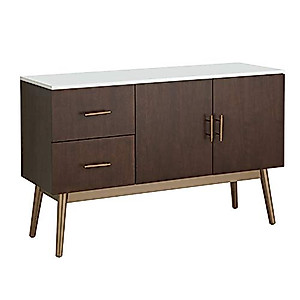Target Marketing Systems Stacy Mid Century Modern 2-Drawer Dining Room Buffet Cabinet with Gold Tone Accents, 47.25", White/Walnut