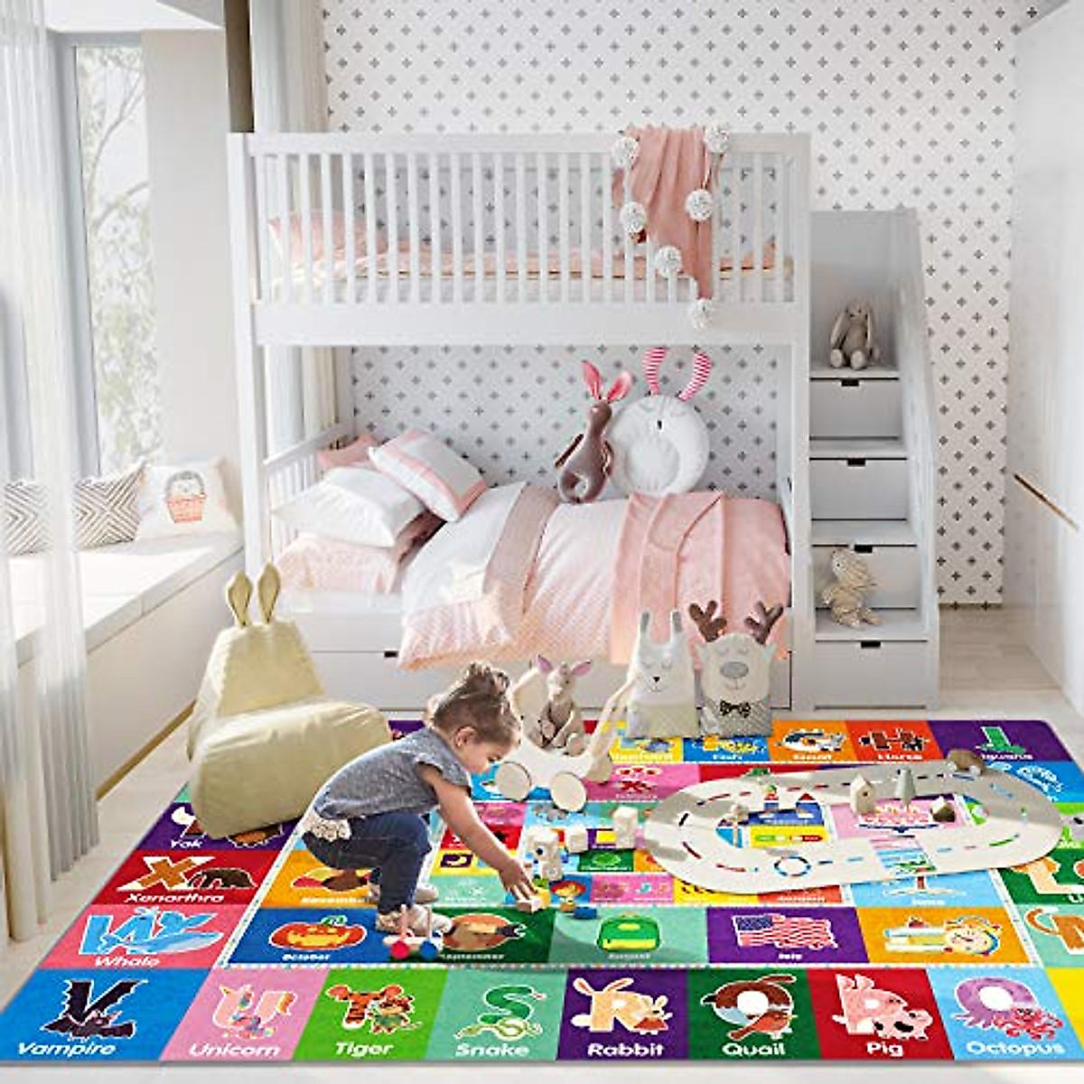 PartyKindom Kids Play Rug Mat Playmat with Non-Slip Design Playtime Collection ABC, Shape, Season, Month, Opposite and Animal Educational Area Rug for Kids Bedroom Playroom (78.7 x 59 inch)