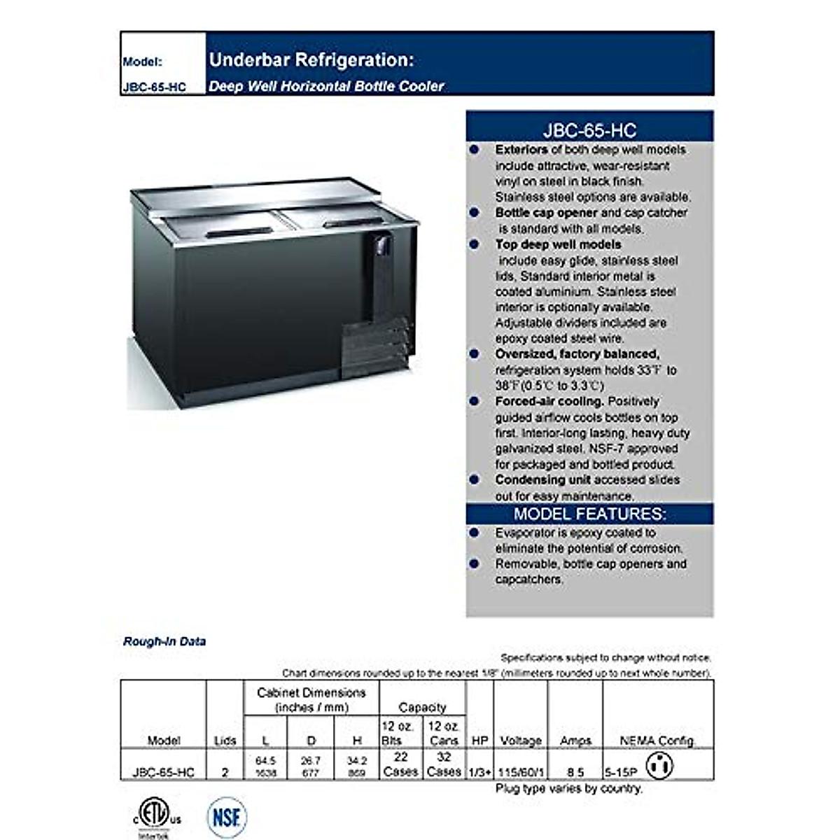Horizontal Bottle Cooler Deep Well 65" Width NSF Certified Commercial beer bottle Refrigerator Black 33°-38°F Top-Loading
