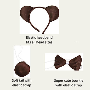 Kirei Sui 3-Piece Funny Bear Costume Set with Ears Headband Bow Tie Tail Halloween Dress Up for Kids & Adults Brown