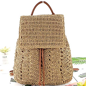 Monique Women Straw Handmade Crochet Backpack Flap Drawstring Shoulders Bag Casual Beach Daypack