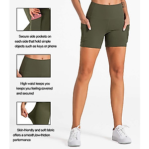 Dragon Fit High Waist Yoga Shorts for Women with 2 Side Pockets Tummy Control Running Home Workout Shorts (Large, Olive Green)