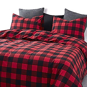 Wake In Cloud - Red Black Plaid Duvet Cover Set, 100% Washed Cotton Bedding, Buffalo Check Gingham Plaid Geometric Checker Pattern, with Zipper Closure (3pcs, Queen Size)