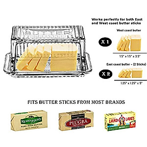 Bezrat Glass Butter Dish with Lid - Butter keeper - 100% Food Safe - Dishwasher Safe - Antique Look with the word "BUTTER" engraved on top - Fits East and West Coast butter sticks