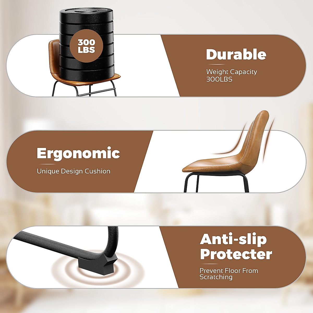 Aowos Dining Chairs Set of 4, 18 Inch Modern Armless Dining Chair with Back, Faux Leather Kitchen Dining Room Chair with Metal Legs for Home, Bistro Coffee Shops (Brown)