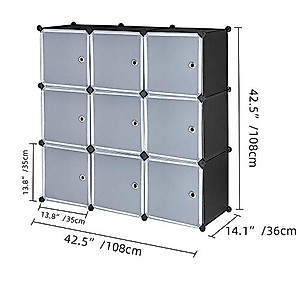 VINGLI Cube Storage, 9 Cubes Organizer Shelves Plastic Closet Cabinet, DIY Modular Storage Cube Organizer w/White Doors for Bedroom Living Room Office, Black