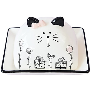 Cabilock Butter Dish with Lid Cute Cat Butter Box Ceramic Butter Container Holds for Countertop Cheese Butter Holder Butter Keeper for Home Kitchen Decor