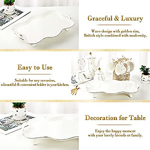 DUJUST Porcelain Serving Tray with Handles, Luxury British Style Coffee Table Tray with Golden Rim, Beautiful Tea Tray Decor for Living Room, Easy to Use & Clean