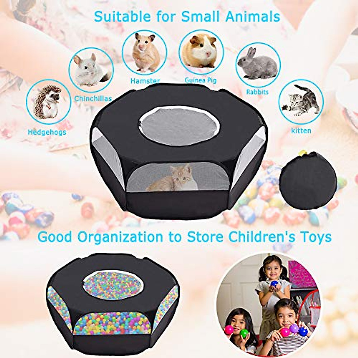 Suwikeke Small Animal Playpen, Breathable Pet Cage Tent, Foldable Portable Exercise Pet Fence, with Anti Escape Top Cover for Hamster Chinchillas Hedgehogs Guinea Pig Rabbits Kitten