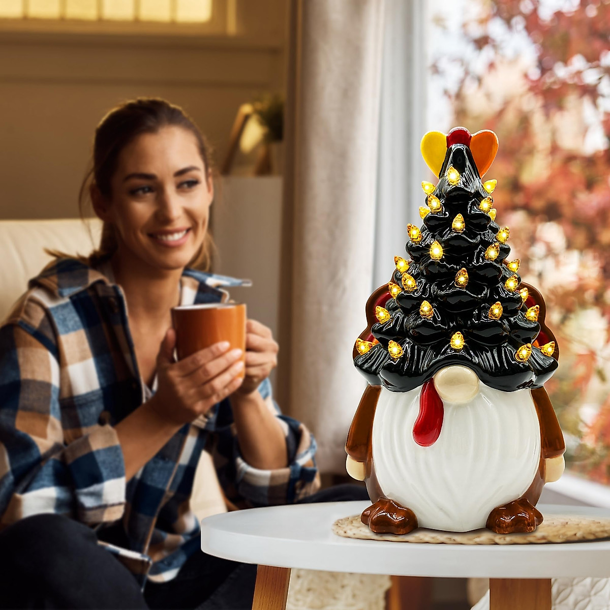 Ceramic Holiday Gnome with Pastel Lights - Thanksgiving Table Decor for Home, Fall Decorations and Gifts for Kids and Women