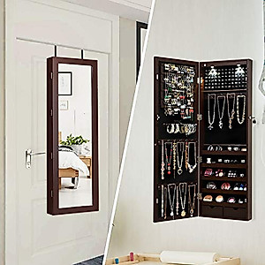 Giantex Wall/Door Mounted Jewelry Armoire Organizer with 2 LED Lights, Lockable Height Adjustable Jewelry Cabinet with Full Length Mirror, Large Capacity Dressing Makeup Jewelry Mirror Storage (Brown)