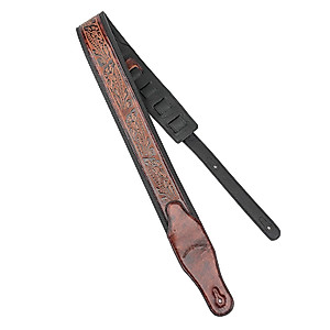 Walker & Williams GB-101 Bourbon Brown Handmade Padded Leather Strap Classic Live Oak Pattern For Acoustic, Electric, And Bass Guitars