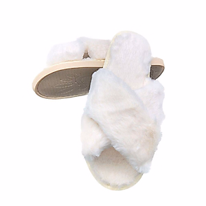 HUMIWA White Cross Slippers Fuzzy Fluffy Faux Fur House SPA Cute Open Toe Slippers for Women Girl/Women8-8.5 Men7-7.5