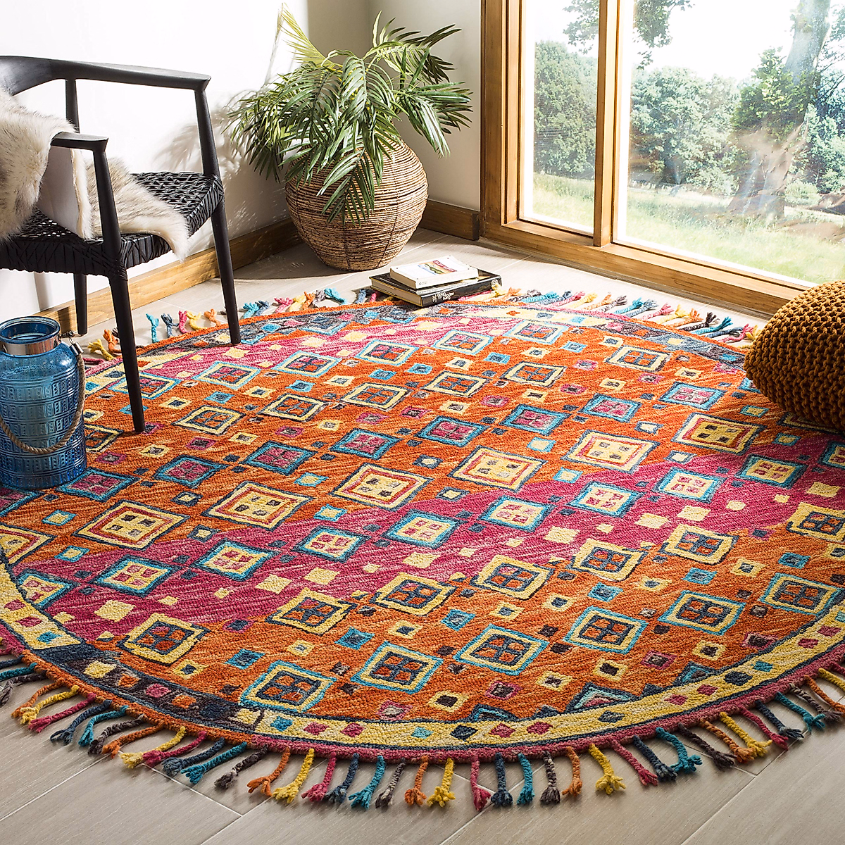 SAFAVIEH Aspen Collection Area Rug - 5' Round, Orange & Fuchsia, Handmade Boho Braided Tassel Wool, Ideal for High Traffic Areas in Living Room, Bedroom (APN138A)