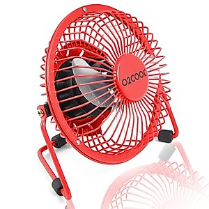 O2COOL 4" USB Personal Desk Fan – Portable Mini Table Cooling Fan - Plugs into Computer - Adjustable 360° Tilt, Quiet, Rubber Grip Feet - Red