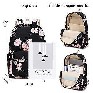 SHEEYEE School Backpack for Girls Bookbags with Lunch Box Set Students Laptop Travel Floral Backpack(Black with Flower)
