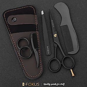 5" Professional Hair Scissors for Mustache & Beard, German Stainless Steel All-Purpose Hair Cutting Scissors for Men’s Grooming, Includes Pouch, Tweezers, Beard Comb, and Mustache Comb