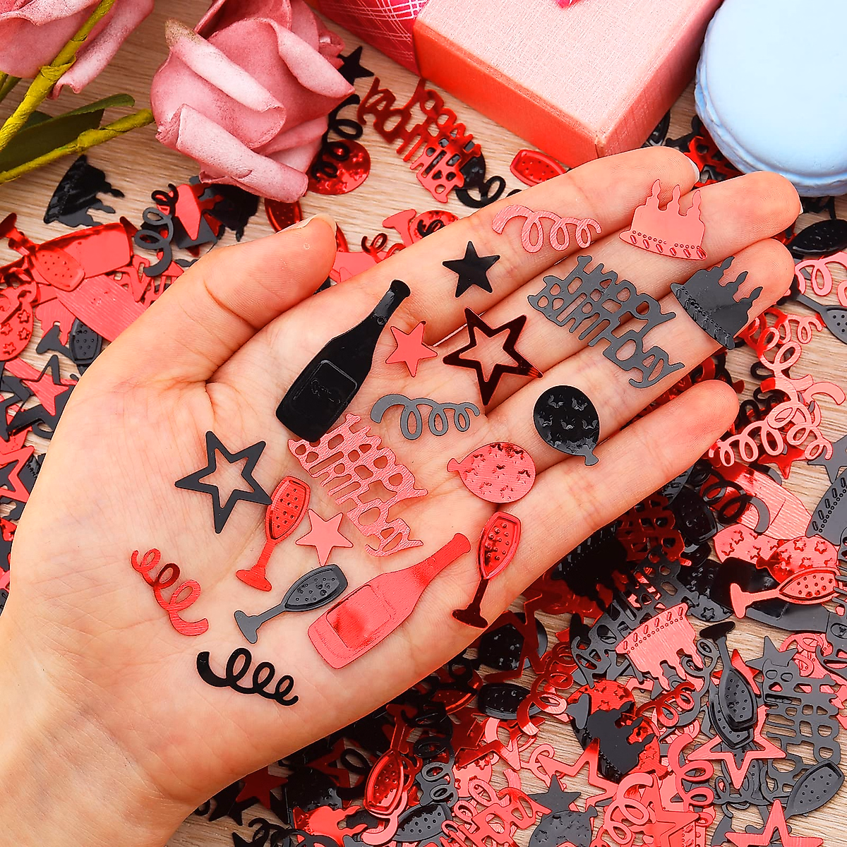 3000 PCS Red Black Happy Birthday Confetti Metallic Foil Stars Birthday Cake Balloon Confetti Table Scatter Confetti Decoration for Birthday Party Anniversary Baby Shower DIY Arts and Crafting