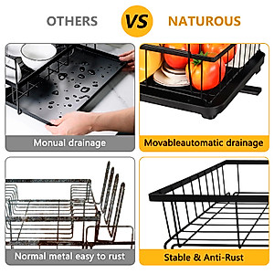 Naturous Dish Drying Rack, Durable Stainless Steel Dish Racks for Kitchen Counter, Space-Saving Compact Dish Rack with Drainborad and Swivel Spout