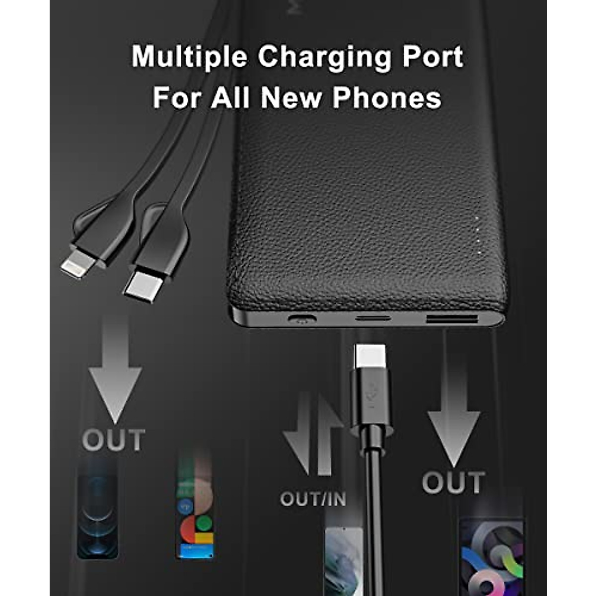 Portable Phone Charger Power Bank 10000mAh Built in Cables Slim Battery Pack USB C Fast Charging External Backup Battery Compact Travel Charger With Cords for iPhone 14/13/12/11/XS/XR/8/7/6,Samsung