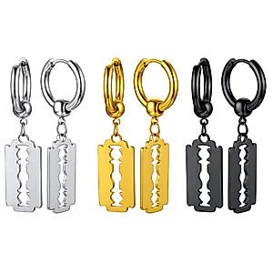 Huggie Hoop Earrings Set with Dangle Razor Stainless Steel Men Women Cartilage Earring Hoop Fits Sensitive Ears Hip Hop Jewelry