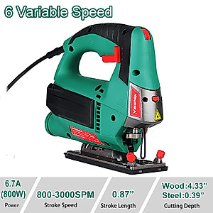 HYCHIKA Jig saw, 6.7A Jig Saw 800-3000SPM with 6 Variable Speeds, 4 Orbital Sets, Bevel Angle 45°, 6PCS Blades, Pure Copper Motor, Laser Guide, Wood Metal Plastic Cutting