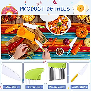 4 Pcs Kids Knife Toddler Safe Cutter Serrated Edges Set for Kitchen Cooking Plastic Children's Cooking Friendly Knife and Crinkle Cutter for Fruit Cake Food Vegetable (Green, Blue, Yellow)