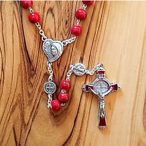 Murano Glass Red Catholic Rosary Beads | Blessed Virgin Mary/St Benedict Rosary | Medjugorje Handmade