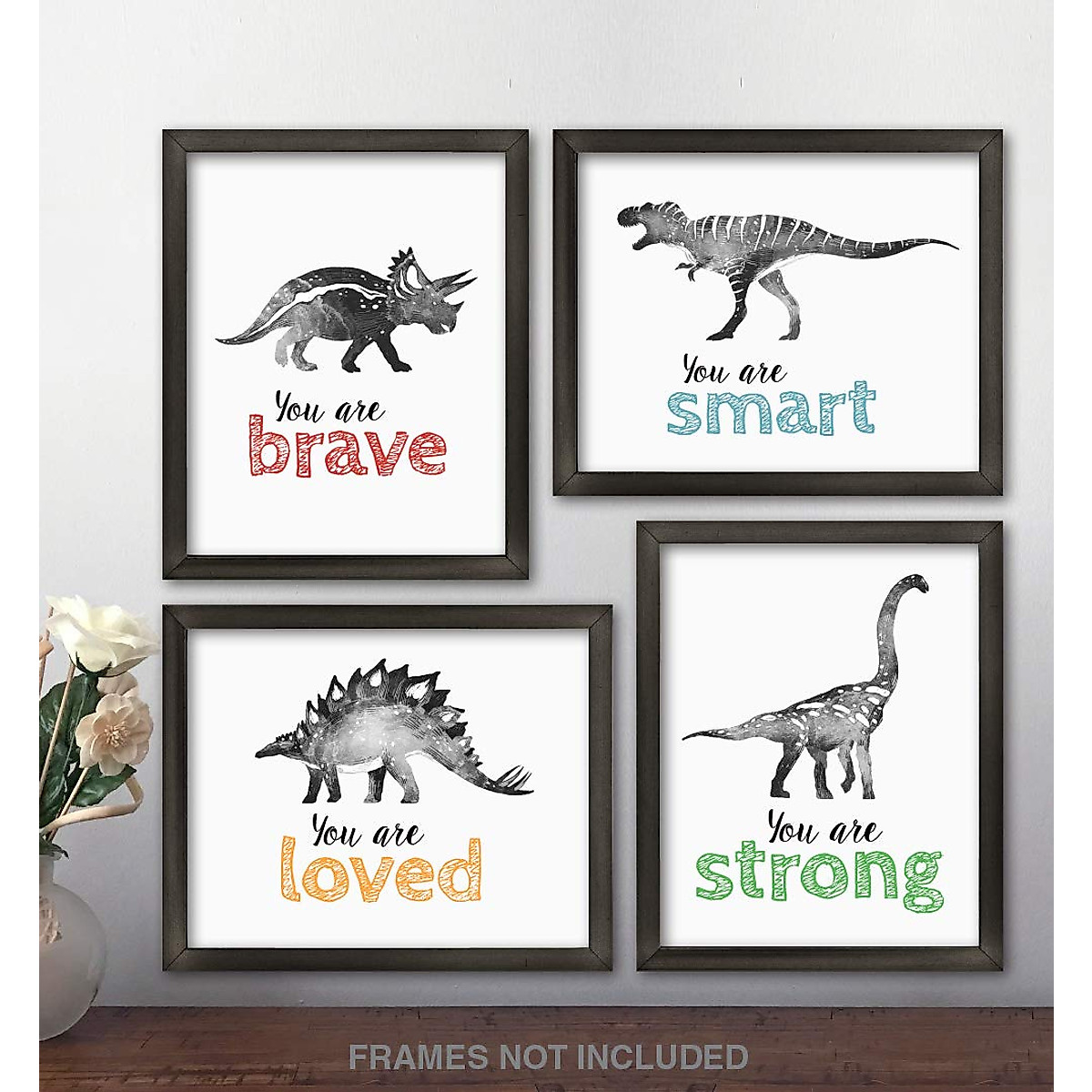 Confetti Fox Dinosaur Wall Art for Little Boys Room, Baby Nursery Posters, Motivational Kids Playroom Dino Decor, Toddler T-Rex Positive Affirmations Quotes (8x10 Unframed Set of 4 Prints)