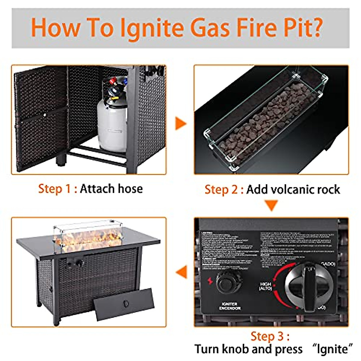 CUREALLSO Propane Gas Fire Pit Table, 43 Inch 50,000 BTU Rattan Look Auto-Ignition Outdoor Fire Tables, with Glass Wind Guard ,Waterproof Cover,CSA Approved for Garden Patio Backyard Deck Poolside