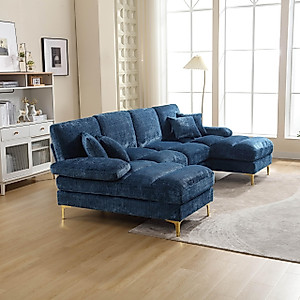 OUYESSIR Chenille U-Shaped Sectional Sofa Couch, 4 Seat Sofa Set for Living Room with 4 Pillows, 114" L-Shaped Chenille Sleeper Couch Set with Double Chaise Lounge (Blue)