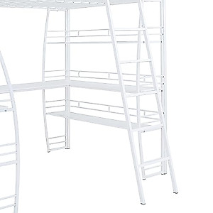 HAUSHECK Full Size Loft Bed with L-Shaped Desk & 4-Tier Open Shelves & Sockets & USB Ports & Wireless Charging Design, Sturdy Metal Bedframe w/Ladder & Safety Guardrails for Kids Teens Adults