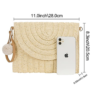 Straw Shoulder Bag Straw Clutch Straw Crossbody Bag Handmade Straw Beach Bag for Women Envelope Purse Wallet with Hand-woven Pompom (Creamy White)