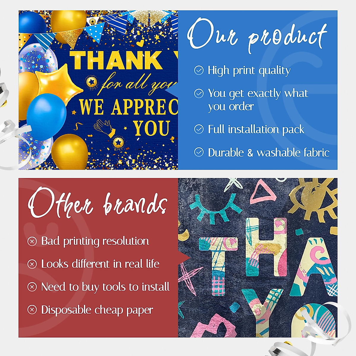Thank You Banner Backdrop Stand - Reusable We Appreciate You Banner for Staff Appreciation Gifts Ceremony - Gold Blue Teacher Appreciation Decorations - Volunteer Appreciation Decorations - Durable Fabric