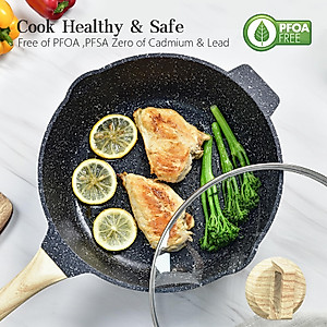 Non Stick Deep Frying Pan with Lid, 12 In / 5.5 Quart Saute Pan with Strainer, Granite Chef Pan Skillet Nonstick for Cooking, 100% PFOA Free Non Toxic Fry Pan for All Stove top Gas Induction