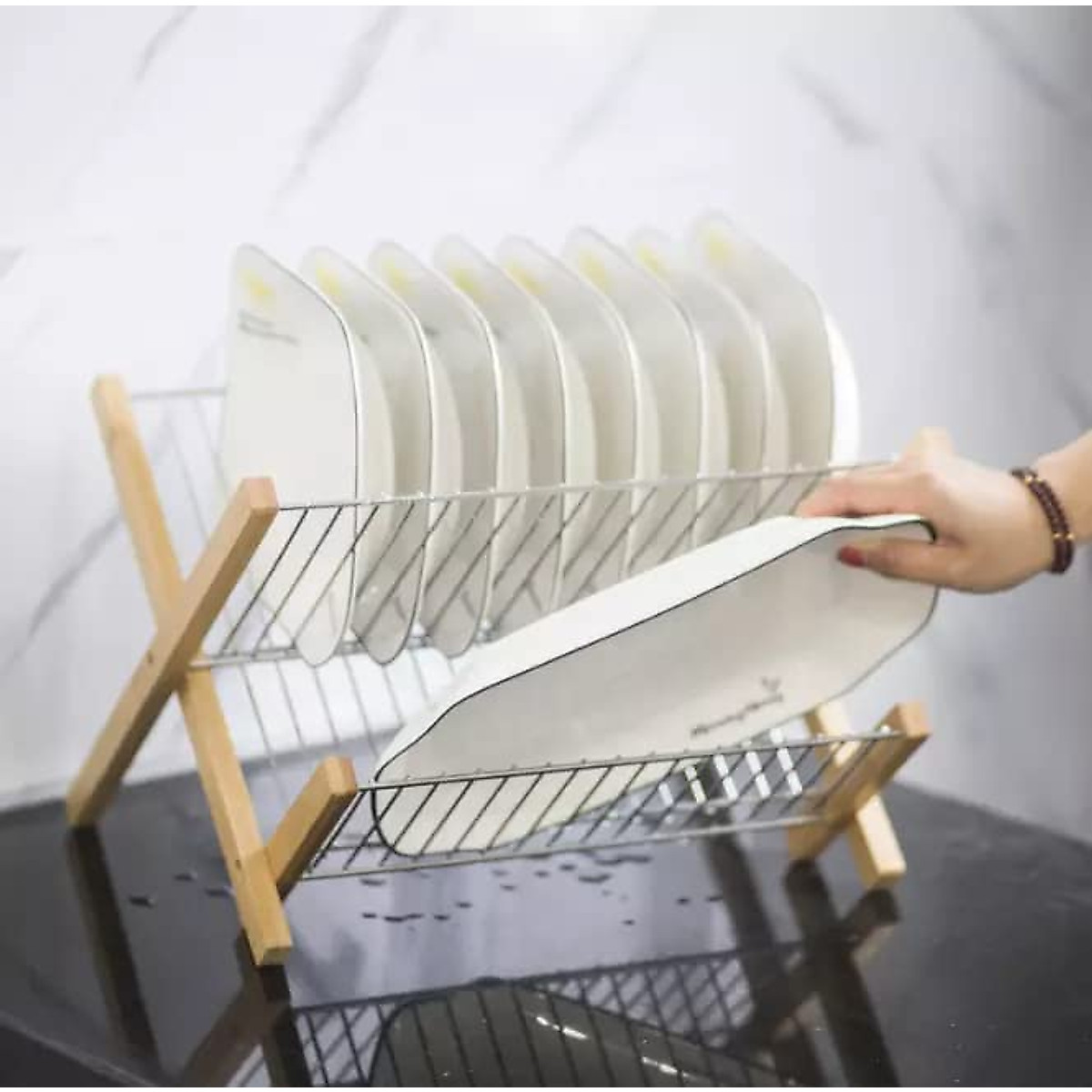 Naytic Stainless Steel Bamboo Foldable Adjustable Large Two Tier Dish Drying Rack Sink Organizer for Kitchen Counters