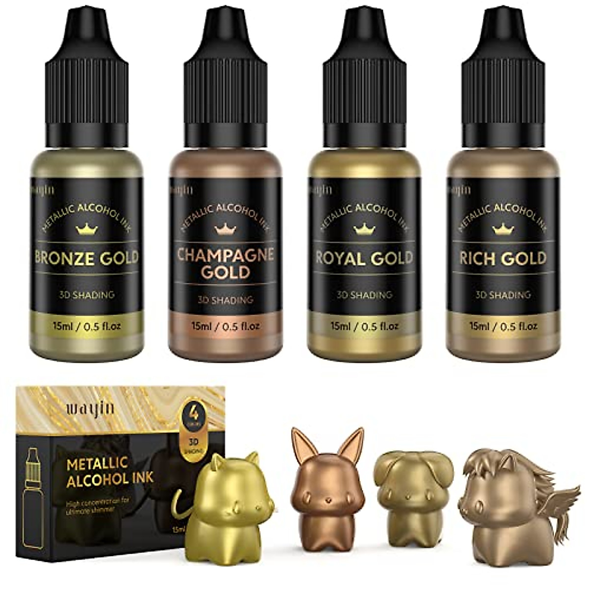 Metallic Alcohol Ink Set - Gold Metallic Mixatives Alcohol Pigment, High Concentrated with Extreme Shimmer Alcohol-Based Inks for Epoxy Resin Yupo Tumblers Cups Fluid Art Painting (4 * 15ml/.5 fl oz)