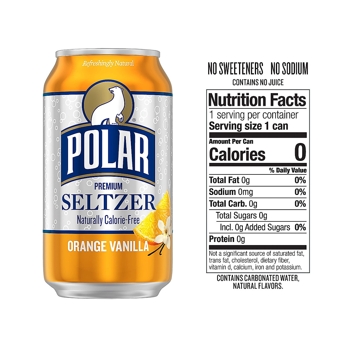 Polar Seltzer Water Orange Vanilla, 12 fl oz cans, 24 pack