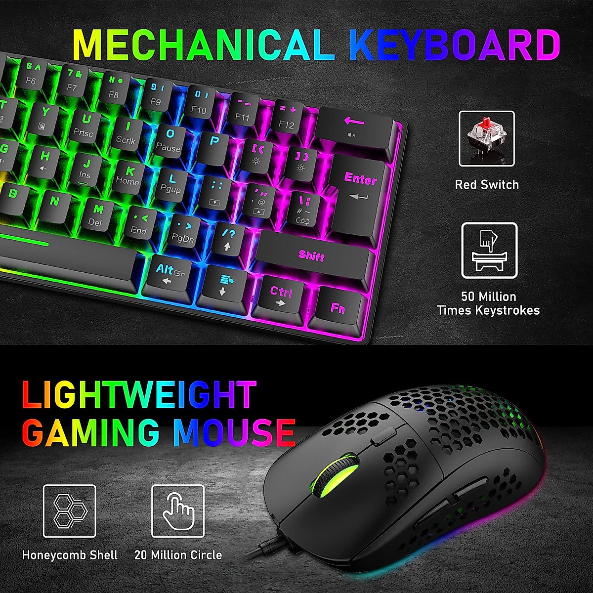Mechanical Gaming Keyboard and Mouse Mini Wired Combo with RGB Headset Rainbow Backlight Ergonomic 62Key Anti-Ghosting Adjustable Mic 6400DPI Mice USB-C for PC Gamer Computer Typist(Black/Red Switch)