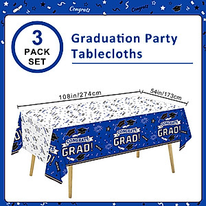 Oigco Tablecloth, 3 Pack Blue Rectangular Graduation Party Table Cloths, 54'' x 108'', Class of 2024 PE Plastic, Lightweight, Pleated Corners, All-Season