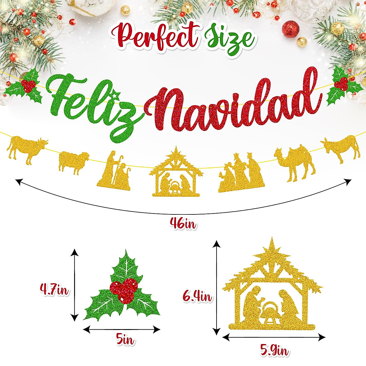 Merry Christmas Decoration Feliz Navidad Banner Nativity Garland Joy to the World backdrop Religious Xmas party Ornament Holy New Year Jesus Santa Bible God Bless theme Party Event Glitter Decor