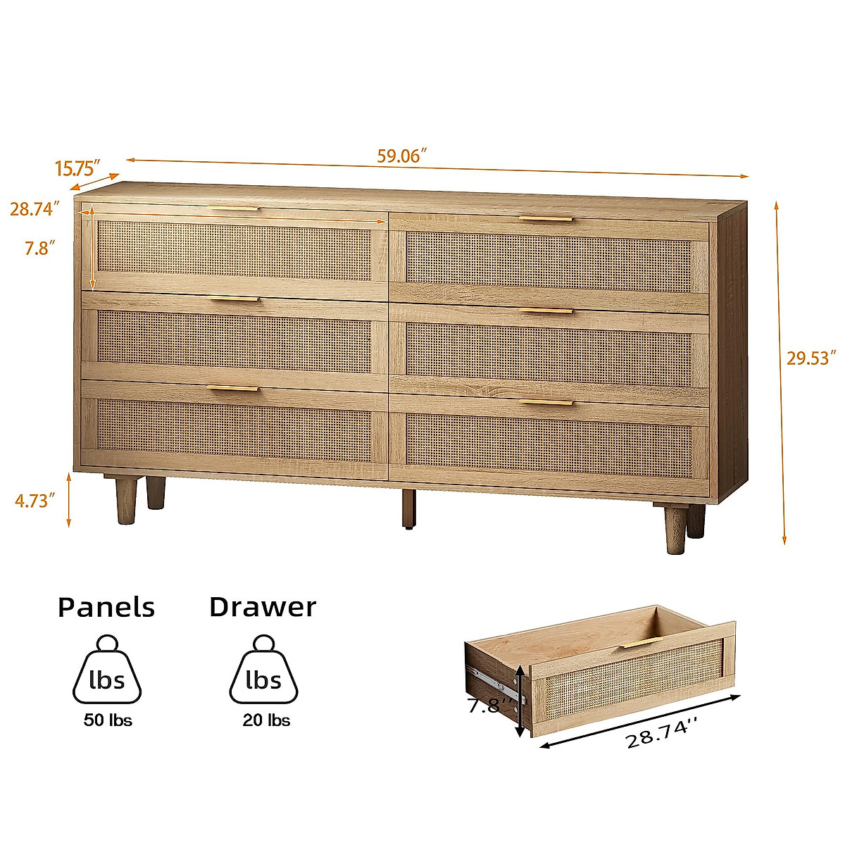 Fsbecl Large Rattan Dresser for Bedroom, Modern 6 Drawer Double Dresser with Gold Handles, Natural Rattan Bedroom Dresser for Closet, Wood Storage Chest of Drawers for Living Room, Hallway, Natural