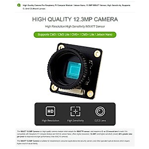 Bicool IMX477 Sensor 12.3MP Camera for Compute Module 3/ CM3 Lite/ CM3+ / CM3+ Lite/Jetson Nano,Supports C/CS Lenses,High Resolution High Sensitivity
