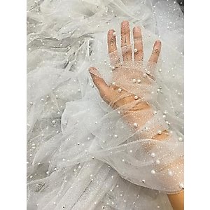 Pearl Tulle Fabric - Wedding Decor with Elegant Pearl Tulle Fabric - 62 Inches Width, 1 Yard - Glistening Brilliance - Gently Stretchable for Effortless Elegance (White Glitter)